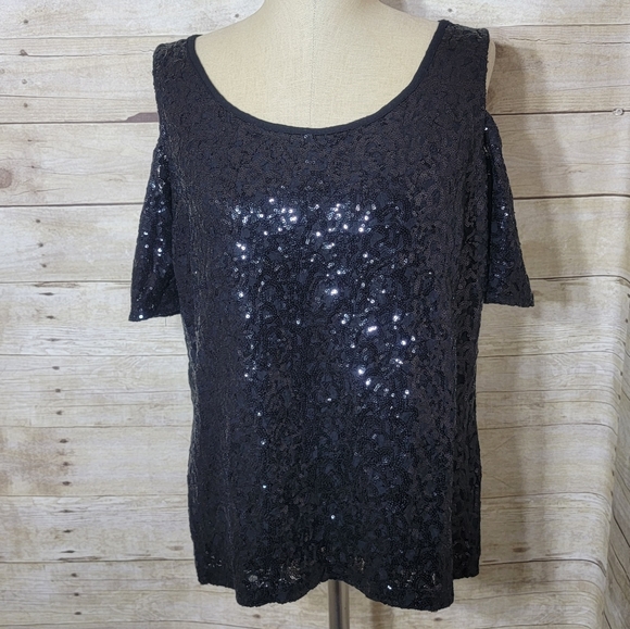 Soho | Tops | Sequined Black Cold Shoulder Blouse | Poshmark